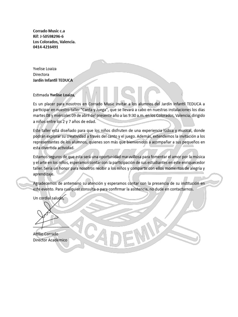 Carta de Invitacion Taller Musical Canta y Juega | PDF