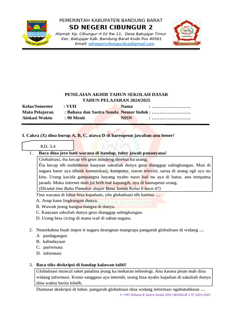 Master Soal Pat Bahasa & Sastra Sunda KLS 6-TP 2023-2024 | PDF