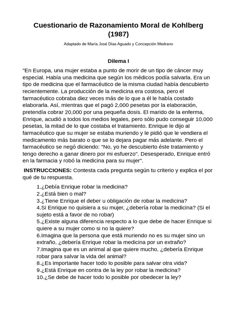 Cuestionario sobre Razonamiento Moral de Kohlberg | PDF | Moralidad ...