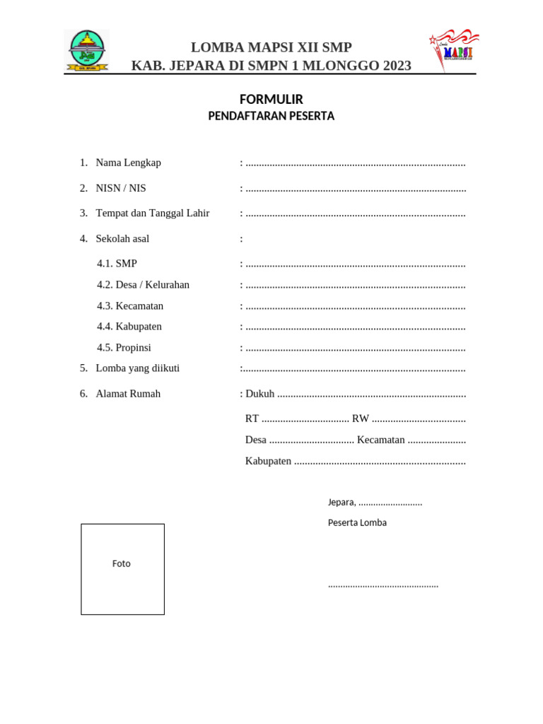 Formulir Pendaftaran Mapsi 2023 | PDF