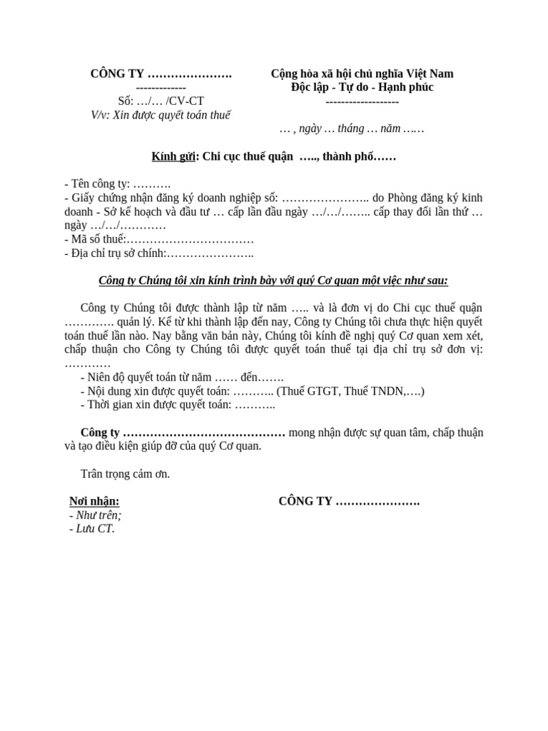 Cong Van Xin Quyet Toan Thue | PDF