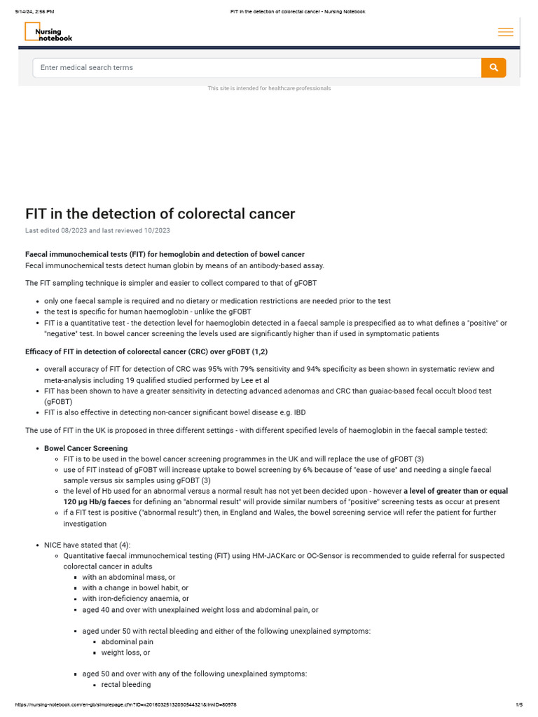 FIT in The Detection of Colorectal Cancer - Nursing Notebook | PDF ...