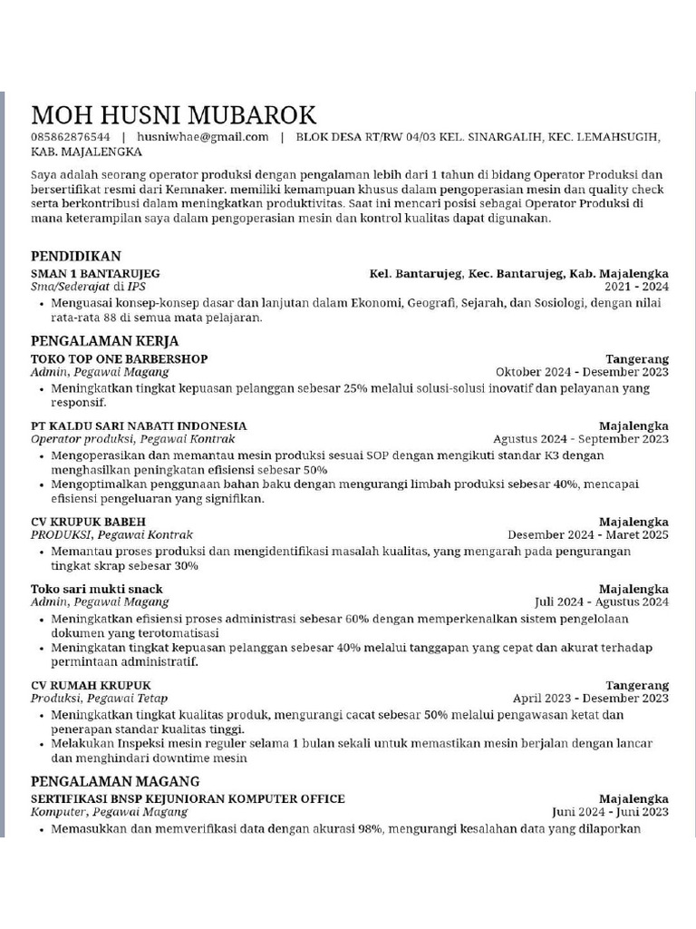 CV Moh Husni Mubarok Ats | PDF