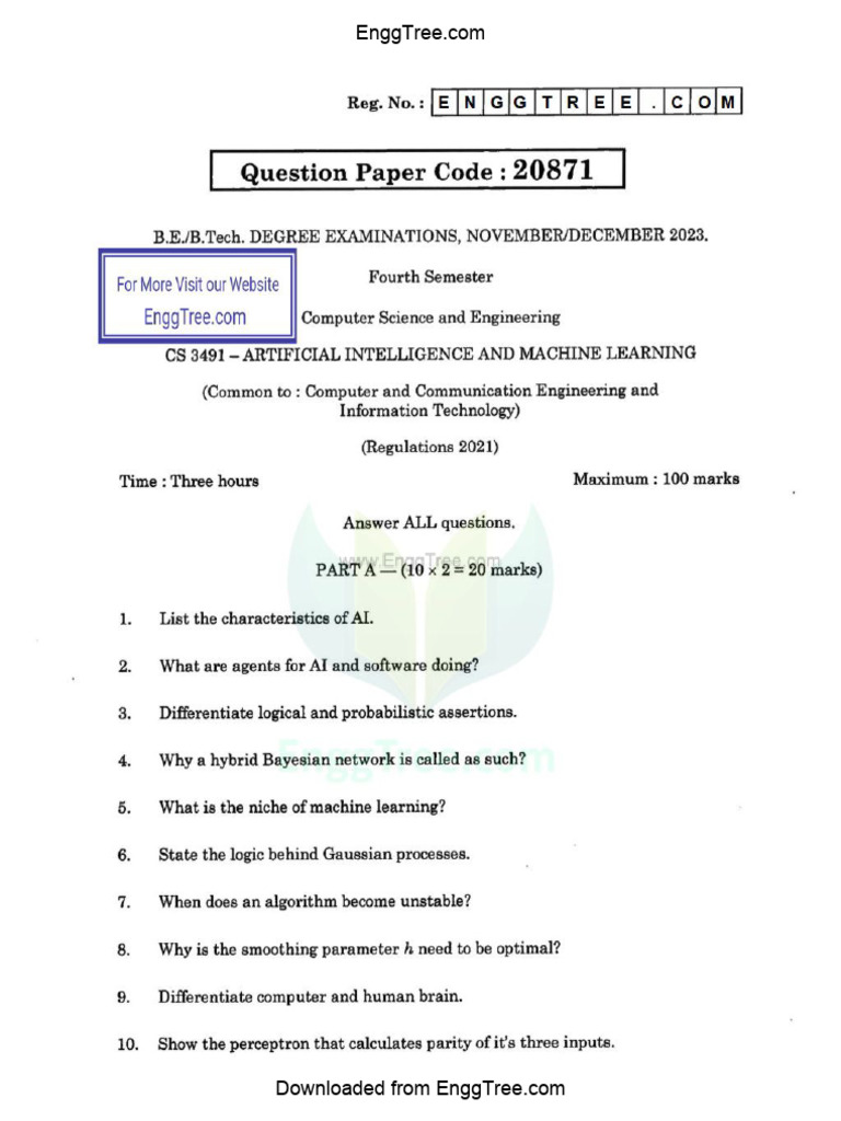 CS3491 Artificial Intelligence and Machine Learning Nov Dec 2023 Question Paper Download | PDF
