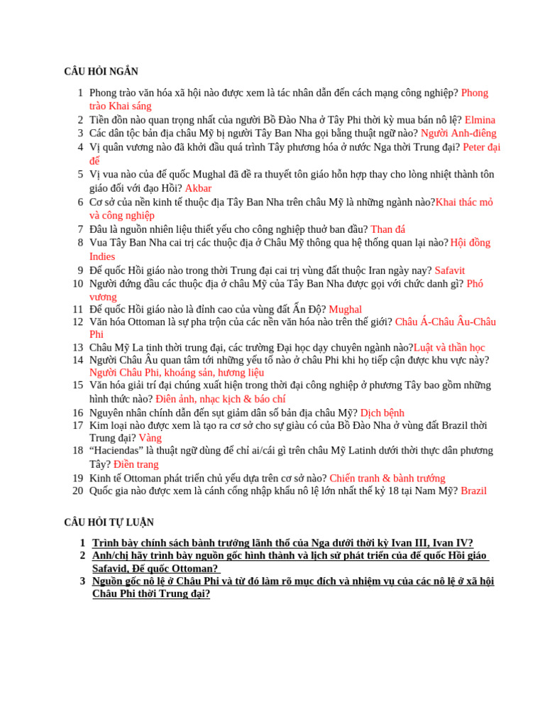 CÂU HỎI ÔN TẬP HIS 222 HK2 GD1 | PDF