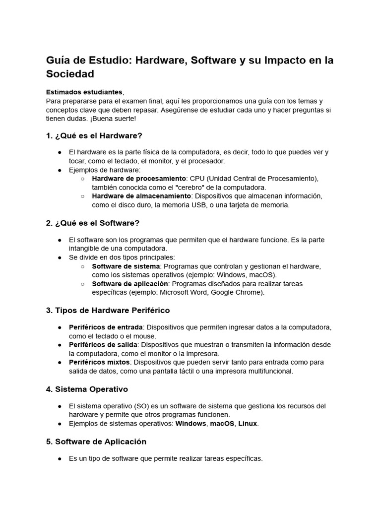 Guía de Estudio: Hardware y Software | PDF | Hardware de la computadora ...