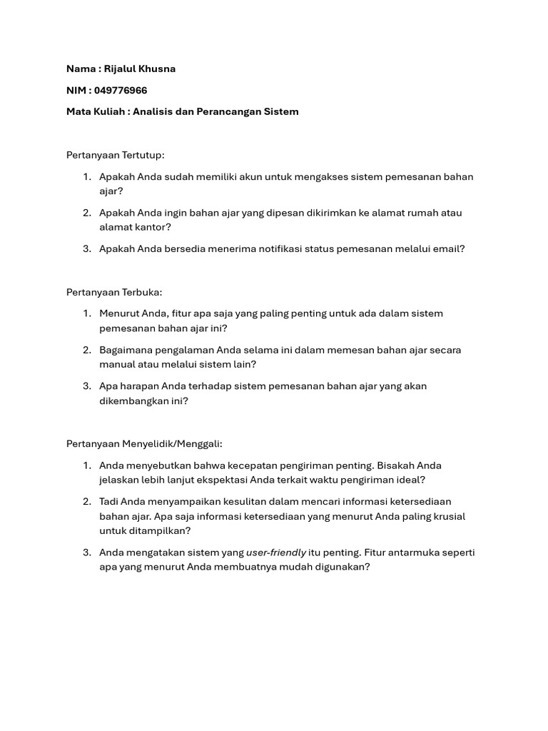 Tugas 1 - Rijalul Khusna - 049776966 - Analisis dan Perancangan Sistem ...