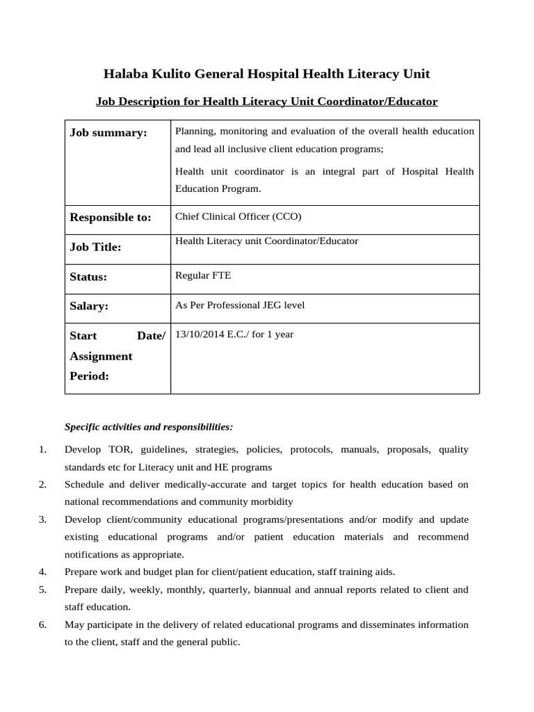 Health Literacy Unit Coordinator Role | PDF | Health Care