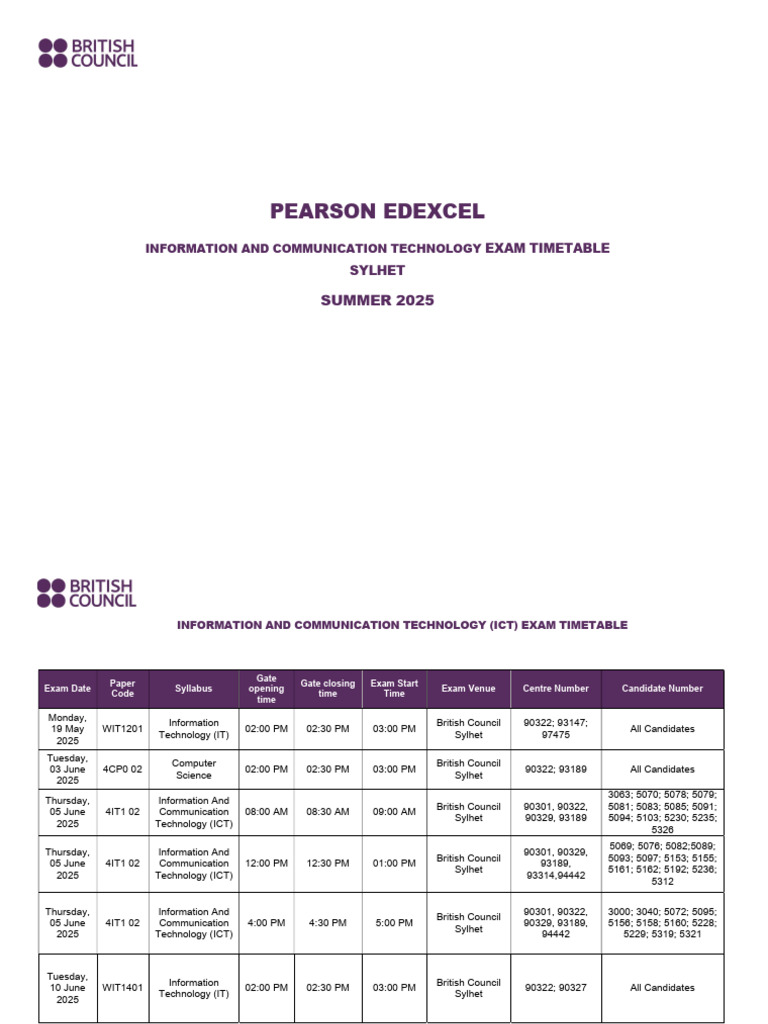 Pearson Edexcel Ict Venue Schedule Sylhet Updated On 28 April 2025 | PDF