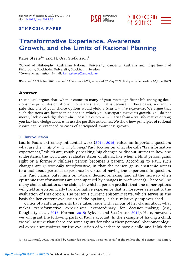 Transformative Experience Awareness Growth and The Limits of Rational Planning | PDF ...