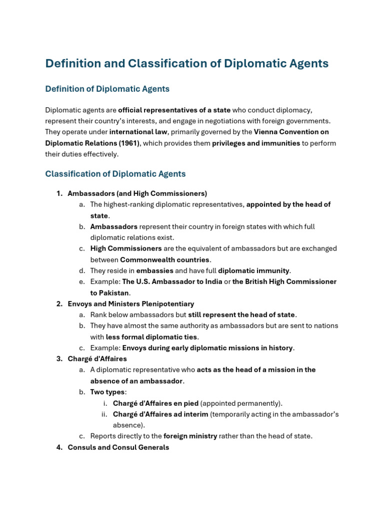 Definition and Classification of Diplomatic Agents | PDF | Diplomacy ...