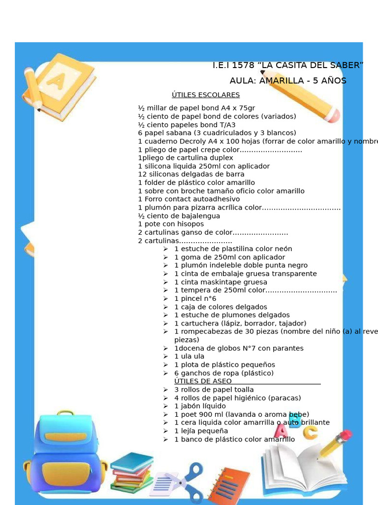 Lista de útiles escolares 5 años I.E.I 1578 | PDF