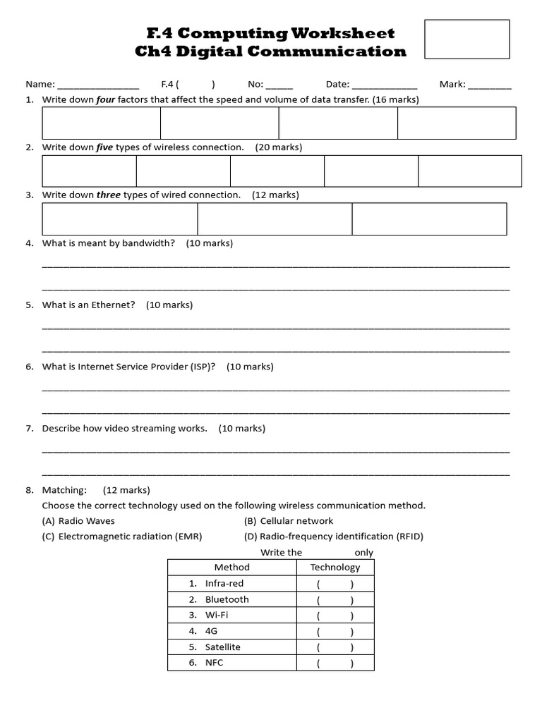 F4 Ch4 WS - Digital Communicaiton With Answer | PDF | Wi Fi | Computer Network