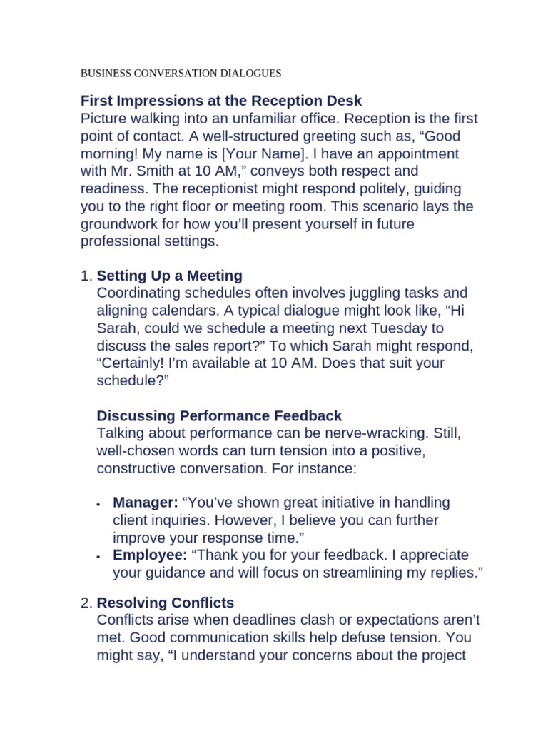 Business Conversation Dialogues Guide | PDF | Negotiation | Human ...