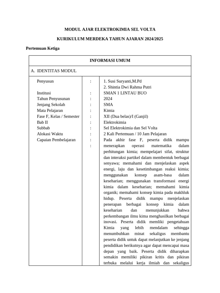 Modul Ajar Elektrokimia Sel Volta | PDF