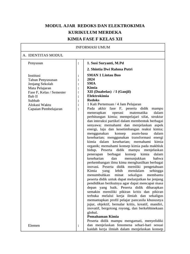 Modul Ajar Redoks Dan Elektrokimia | PDF
