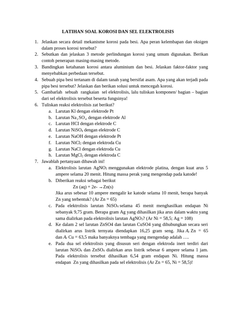 Latihan Soal Korosi Dan Sel Elektrolisis | PDF