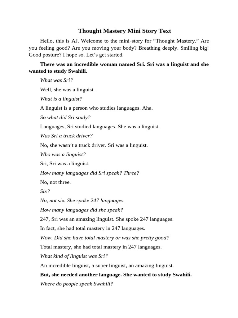 Thought Mastery Mini Story Text | PDF | Hearing | Linguistics