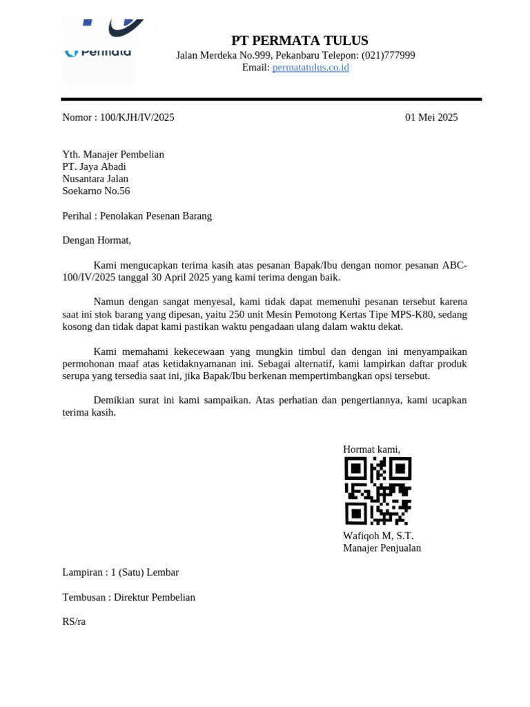 Surat Penerimaan Dan Penolakan Pesanan RINDU AULIA - KORESPONDENSI | PDF