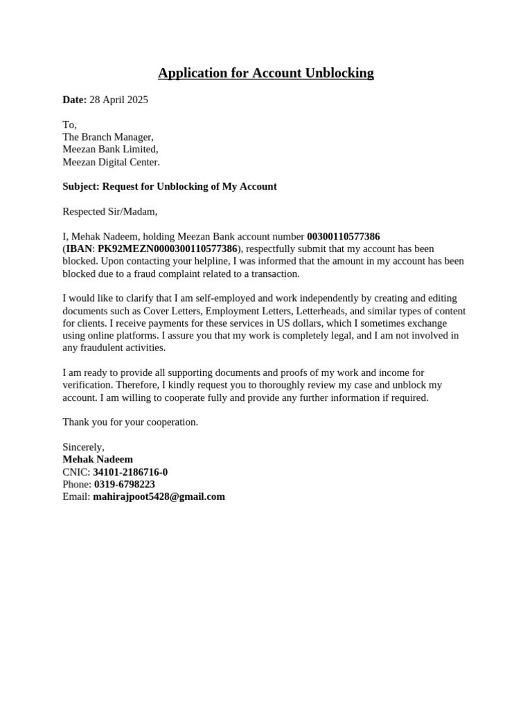Application For Account Unblocking | PDF
