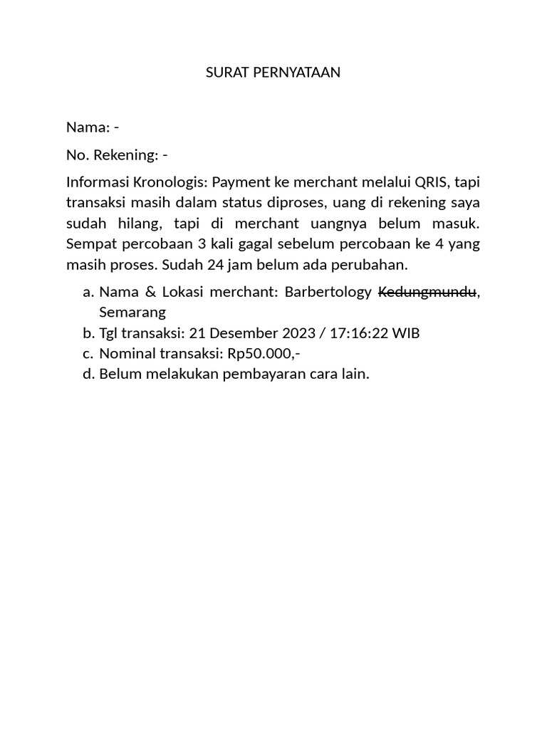 Surat Pernyataan Komplain Bni | PDF