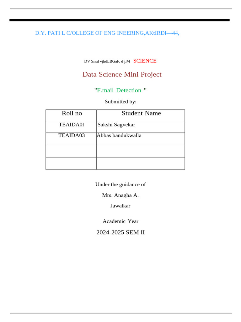 Data Science Mini Project: Roll No Student Name | PDF