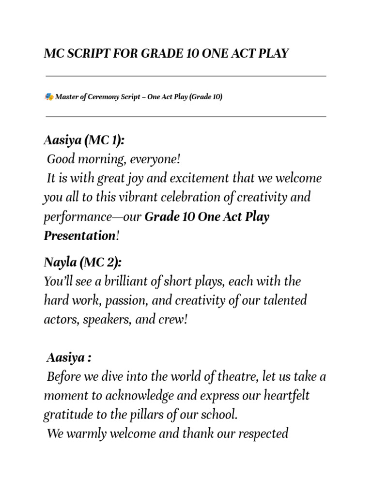 Grade 10 One Act Play MC Script | PDF
