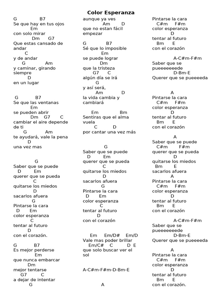 Color Esperanza: Letra y Acordes | PDF