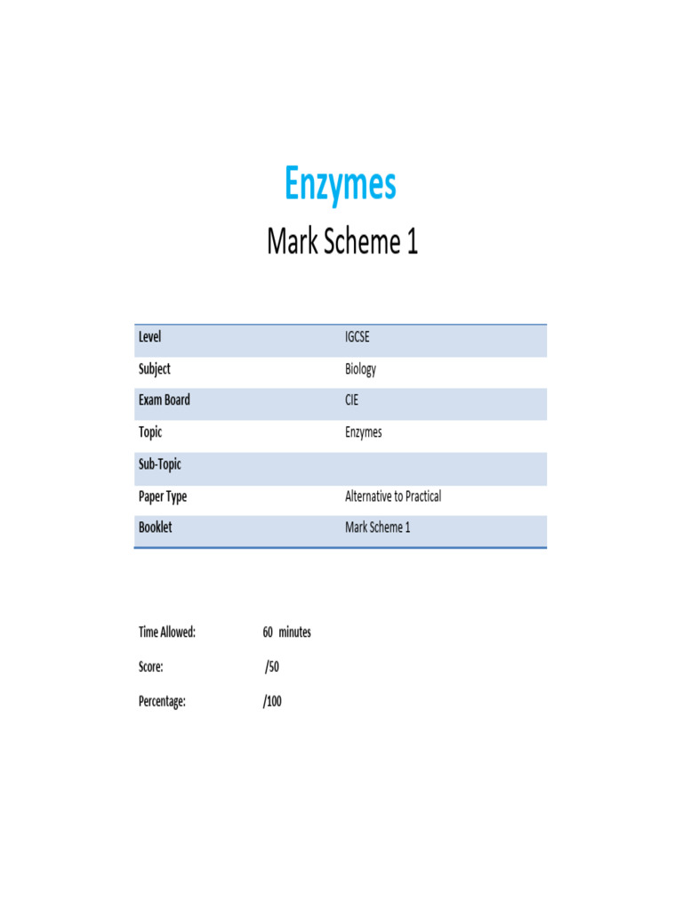 IGCSE Biology Enzymes Mark Scheme | PDF | Ph | Buffer Solution