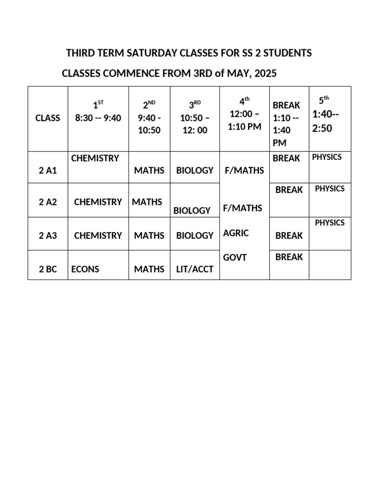 Saturday Classesfor Ss Two Students-2 | PDF