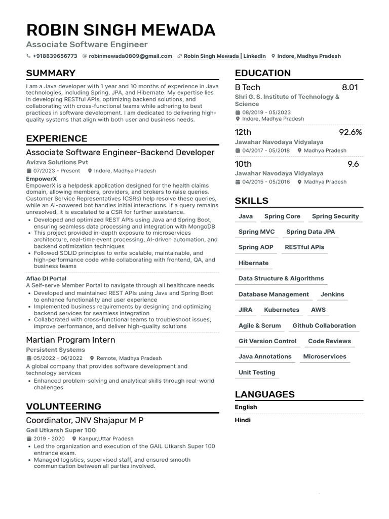 Robin Singh Mewada Resume | PDF | Java (Programming Language) | Software Development