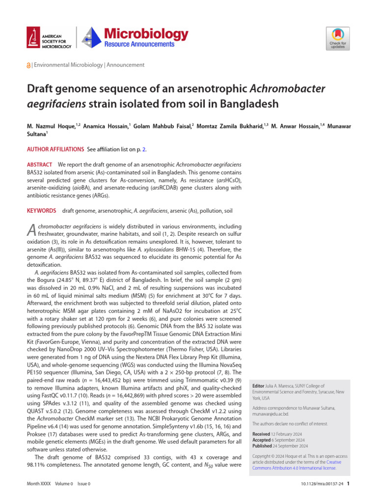 2024 - MRA - Draft Genome Sequence of An Arsenotrophic Achromobacter ...