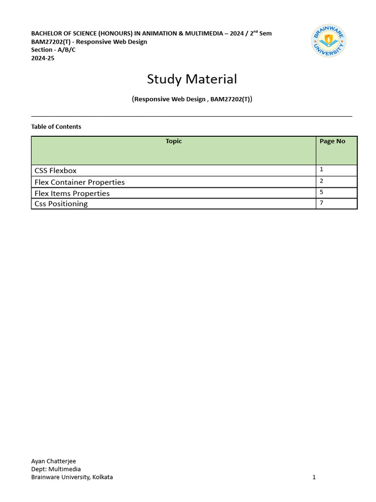Notes On Css Flexbox And Positions Pdf Web Design Computing