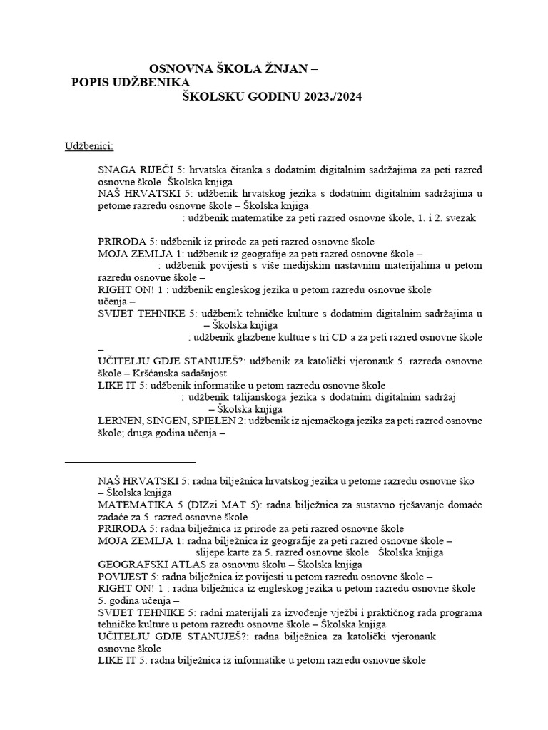 Popis Udžbenika I Dodatnih Materijala Za 5.razrede | PDF