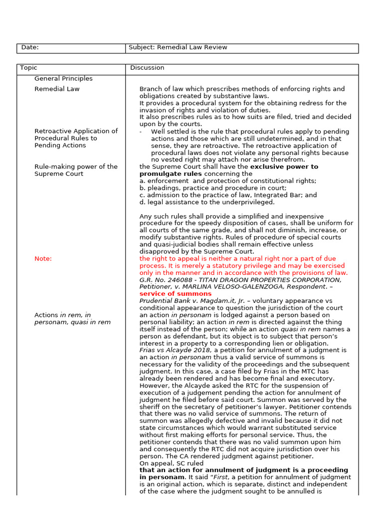 Remedial Law Review Notes | PDF | In Rem Jurisdiction | Lawsuit