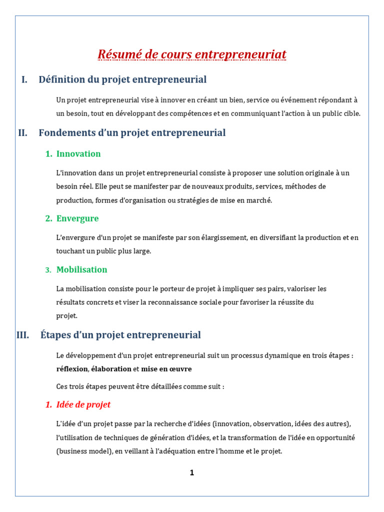 Résumé du cours sur l'entrepreneuriat | PDF | Entrepreneuriat | Plan d ...