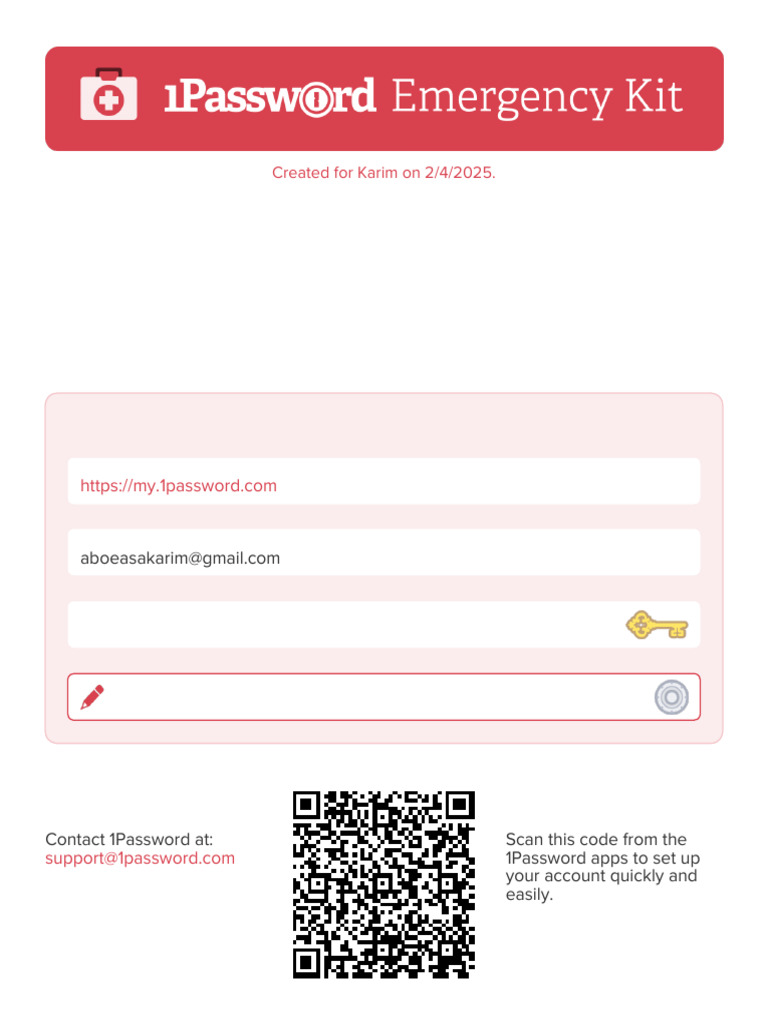 1password Emergency Kit - Secret Key | PDF