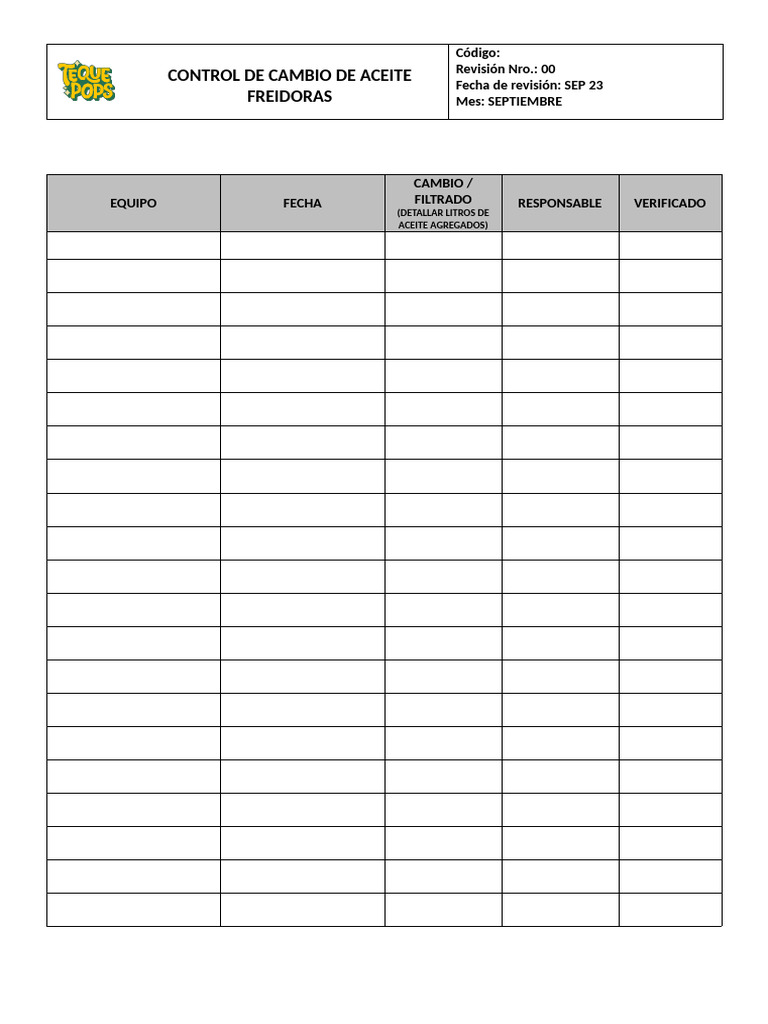 Control de Cambio de Aceite Freidoras | PDF