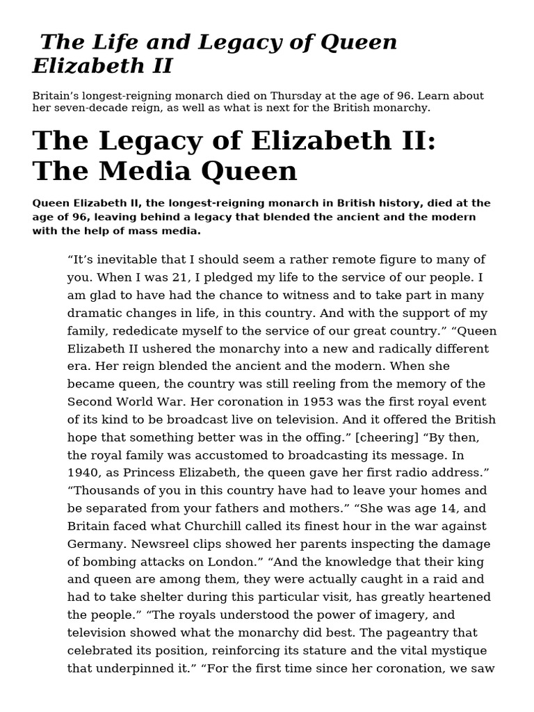The Life and Legacy of Queen Elizabeth II | PDF | Elizabeth Ii | Monarchy