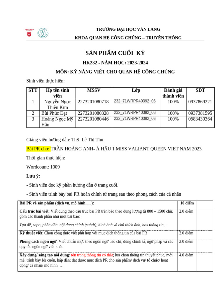 (MSSV 1 - MSSV 2) - Sáº N PHáº M CUá - I Ká - Viáº¿t Cho QHCC - (Nhã M Lá - P) | PDF