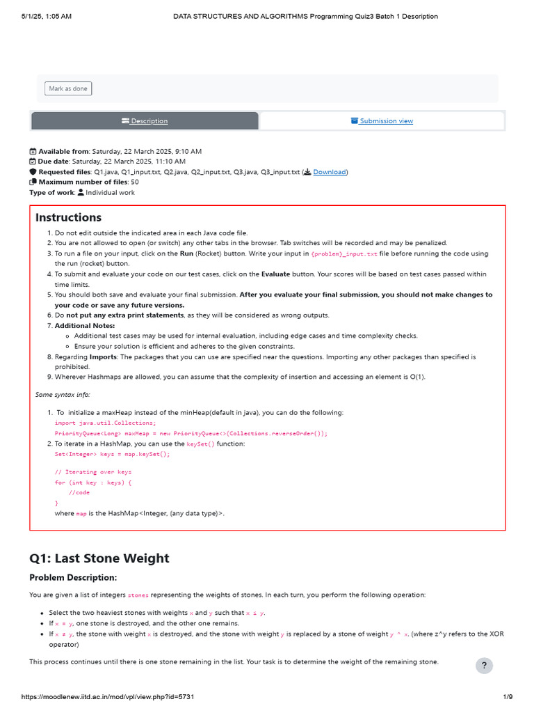 DATA STRUCTURES AND ALGORITHMS Programming Quiz3 Batch 1 Description | PDF | Time Complexity ...