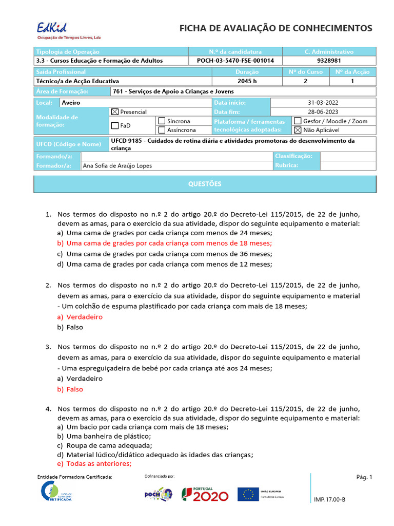 Ficha de Avaliação UFCD 9185 CORR | PDF