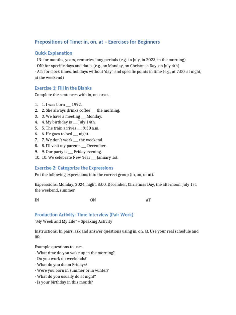 Prepositions of Time Exercises | PDF