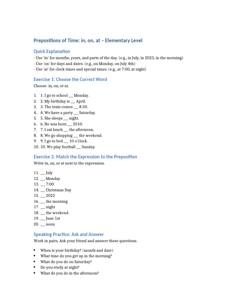 Prepositions of Time Elementary | PDF