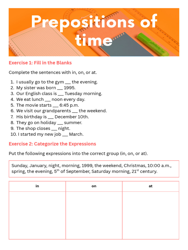 Prepositions of Time (Elementary) | PDF