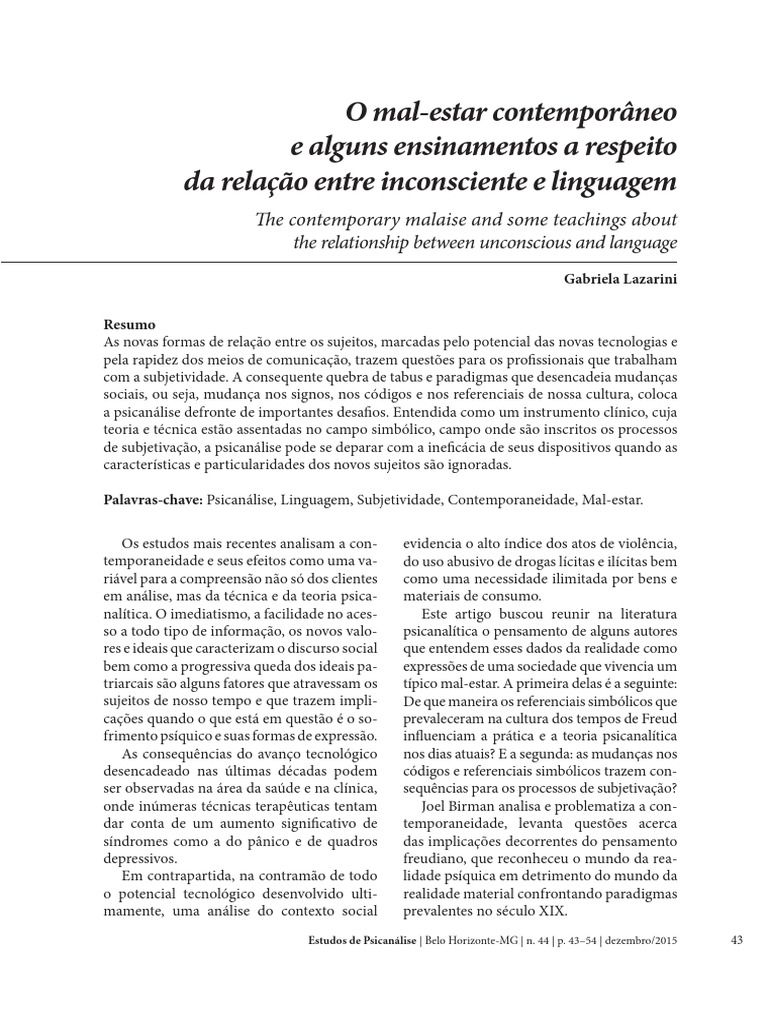 Mal-estar contemporâneo e psicanálise | PDF | Jacques Lacan | Sigmund Freud