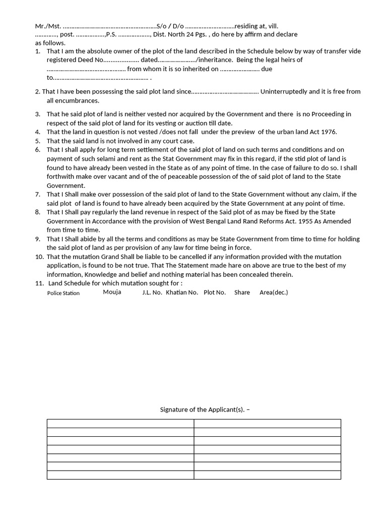 Land Ownership Declaration Document | PDF | Property Law | Civil Law ...
