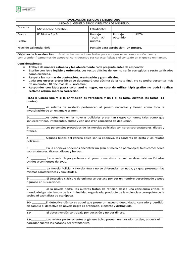 Evaluación UNIDAD 1 - Octavo Básico. Género Epico | PDF | Aquiles | Odiseo
