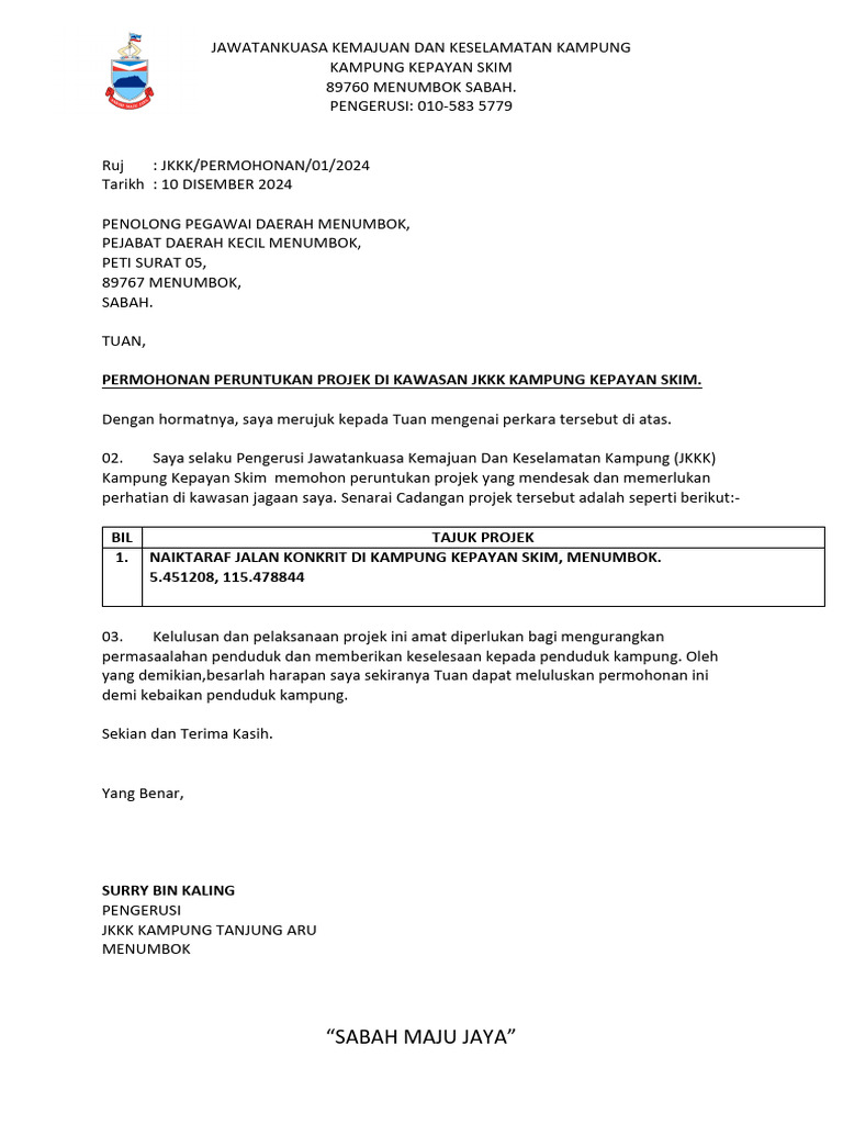 Surat Permohonan JKKK Kepayan Skim 2025 | PDF