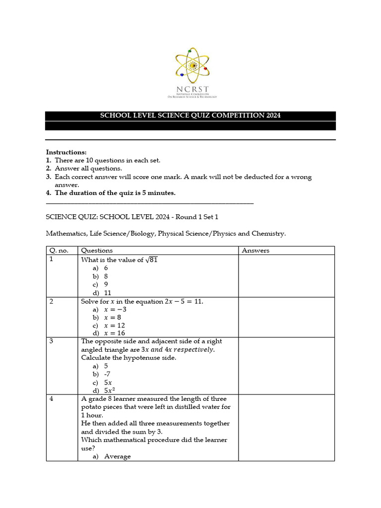 Science Quiz Competition 2024 | PDF | Gases | Atmosphere Of Earth